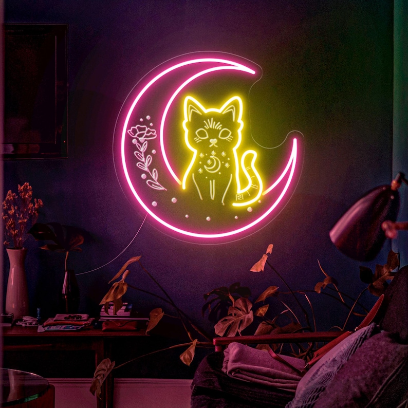 Cat Moon Neon Sign, Kitten Neon Light, Personalized Gift Kids, Wall ...