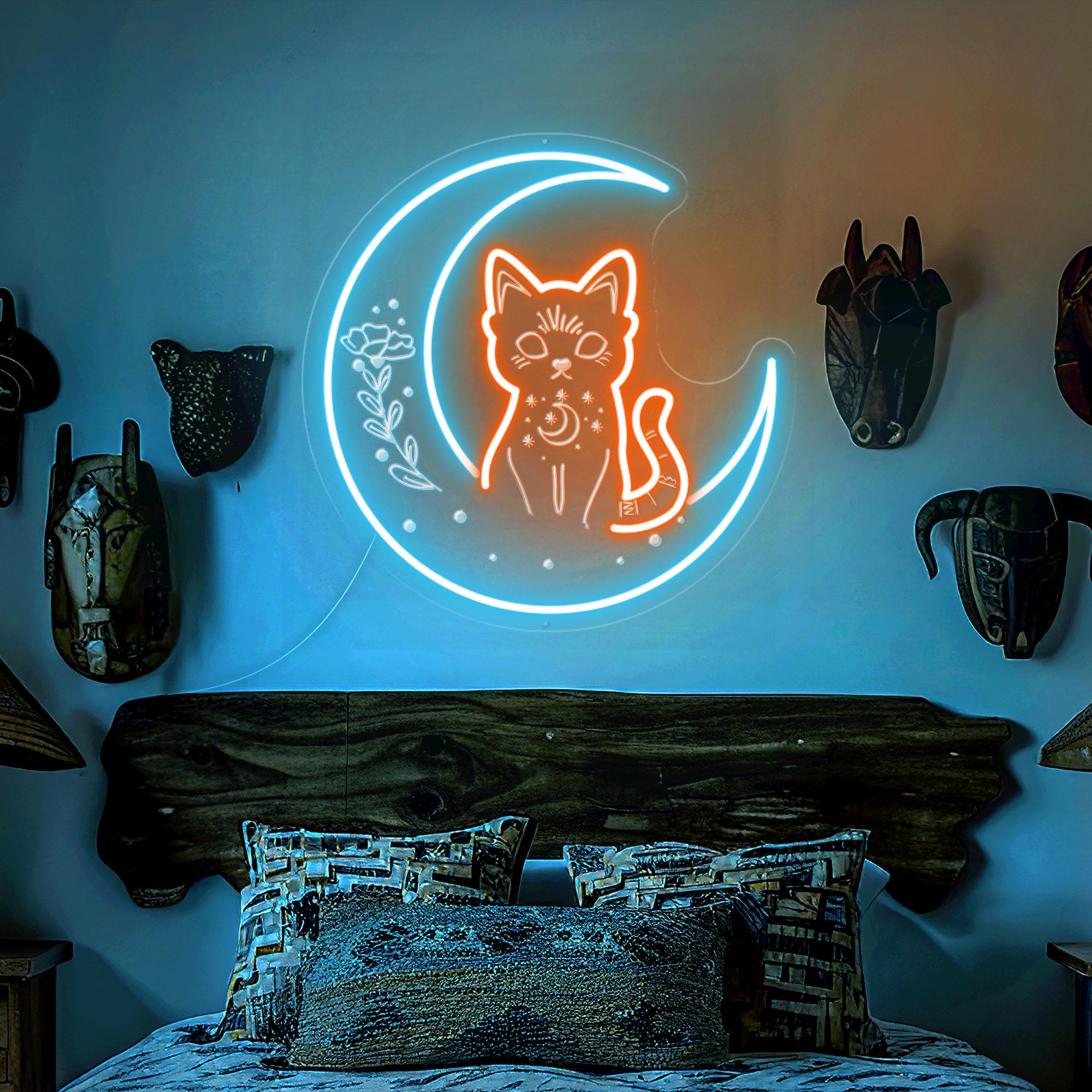 Cat Moon Neon Sign, Kitten Neon Light, Personalized Gift Kids, Wall ...