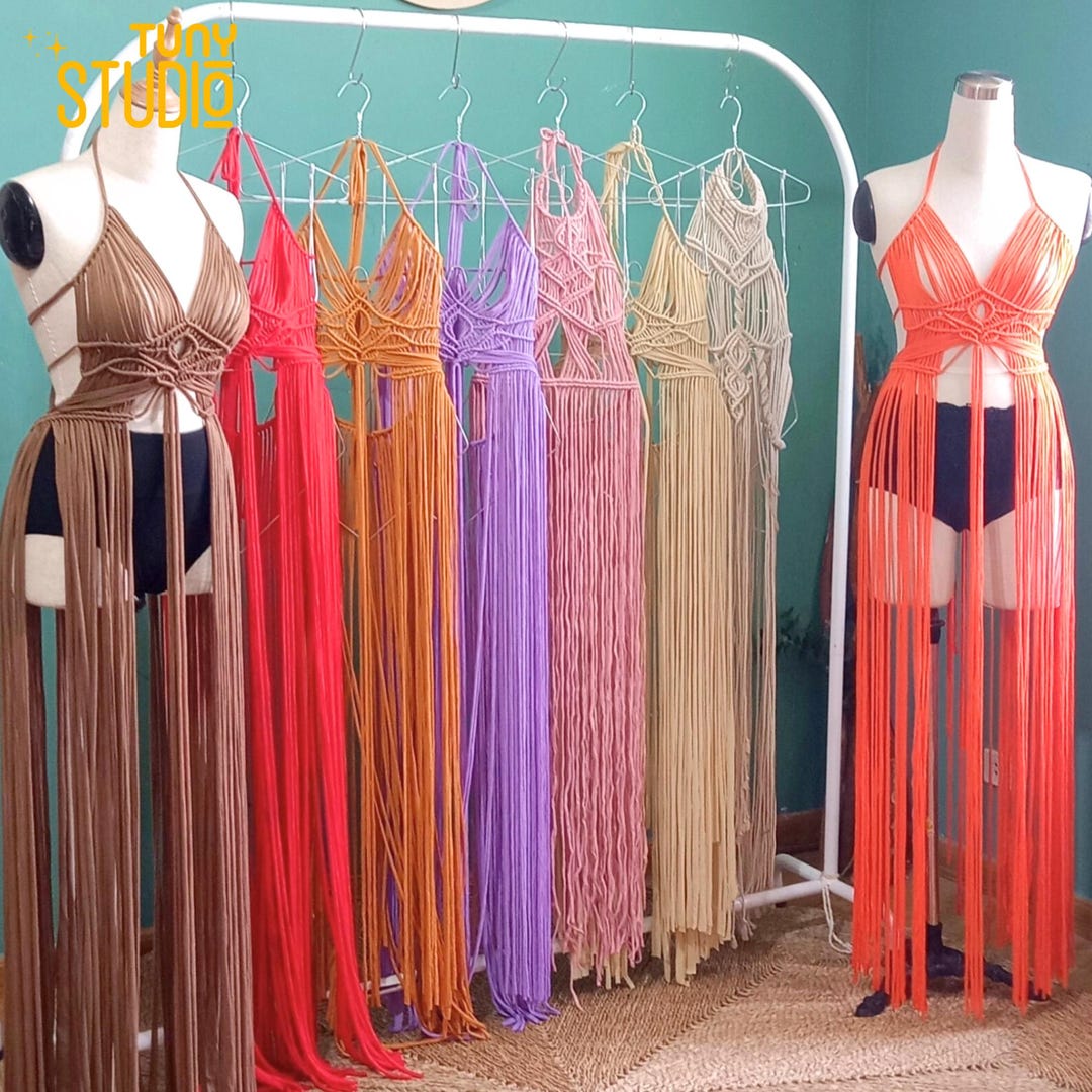 Custom Macrame Dress, Handmade Festival Macrame Gown, Boho Fringe ...