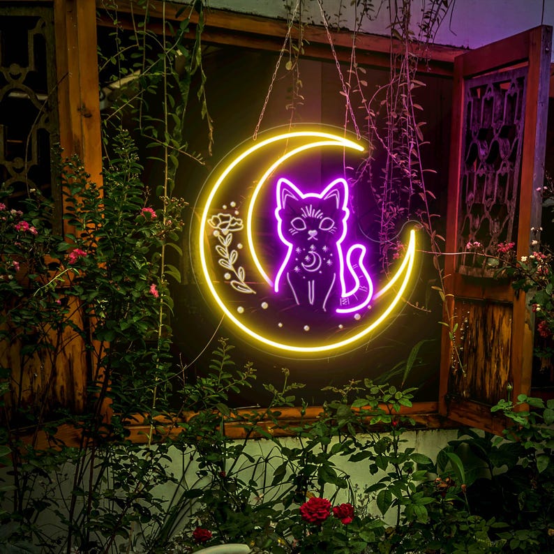 Cat Moon Neon Sign, Kitten Neon Light, Personalized Gift Kids, Wall ...