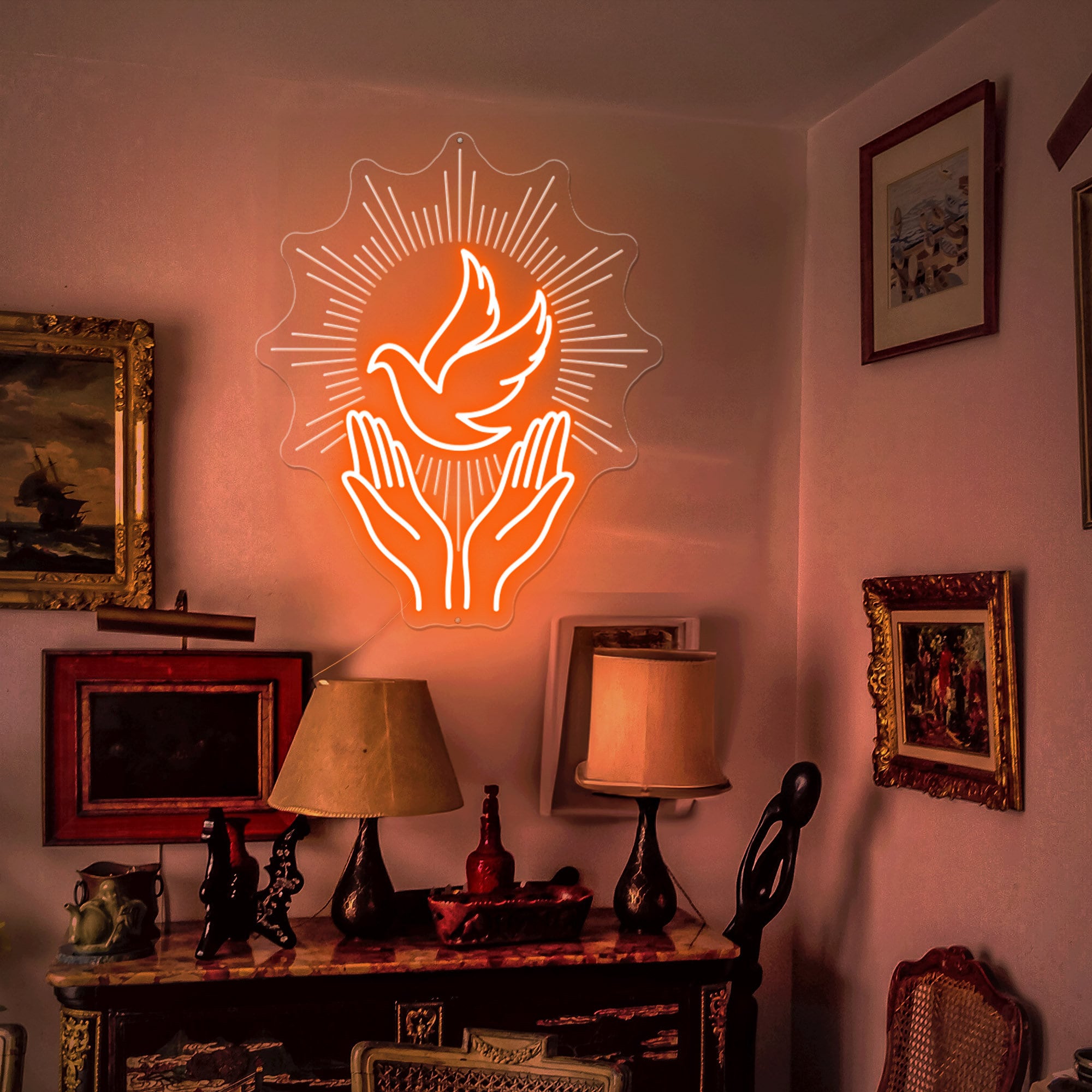 Dove Hand Neon Sign, Flying Pigeon LED Light, Peace Bird Neon Light ...
