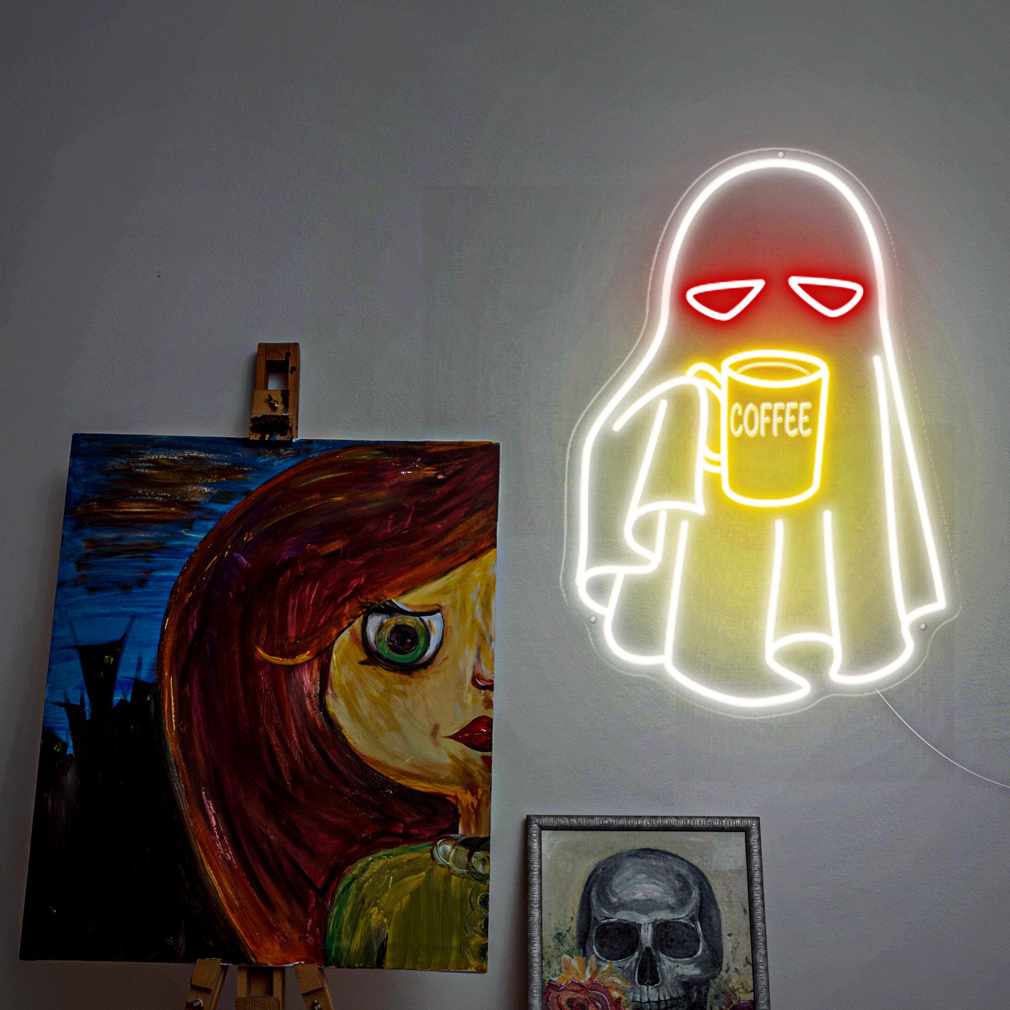 Ghost Coffee Neon Sign, Ghost Drinking Coffee Led Sign, Spooky Boo Sign ...