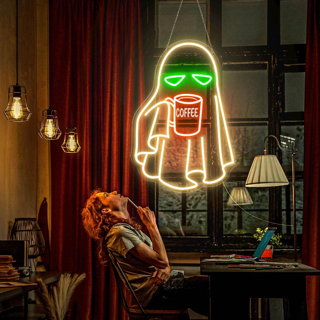 Ghost Coffee Neon Sign, Ghost Drinking Coffee Led Sign, Spooky Boo Sign ...