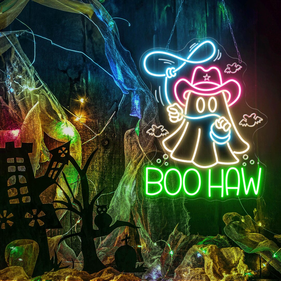 Boohaw Neon Sign, Cowboy Ghost Sign, Ghost West Wall Art, Cute Western ...