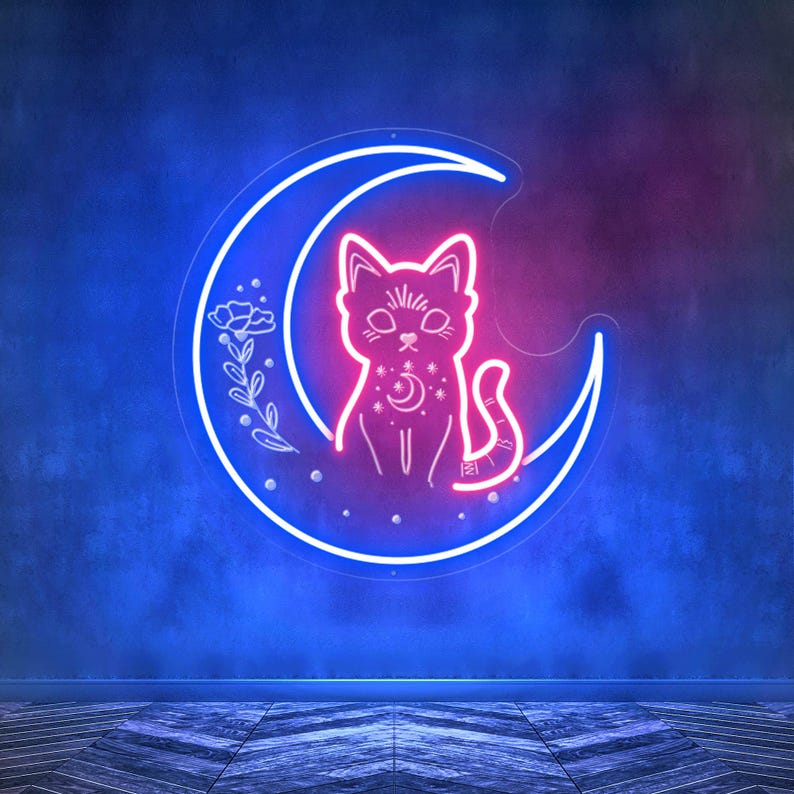 Cat Moon Neon Sign, Kitten Neon Light, Personalized Gift Kids, Wall ...