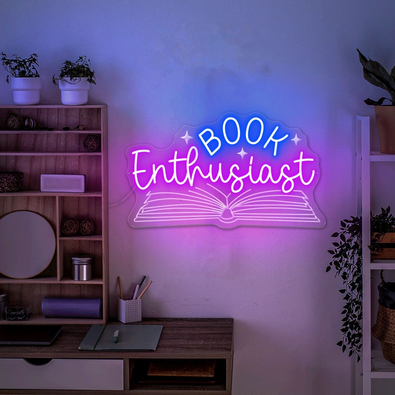 Book Enthusiast Neon Sign, Reading Book Led Sign, Library Wall Sign ...