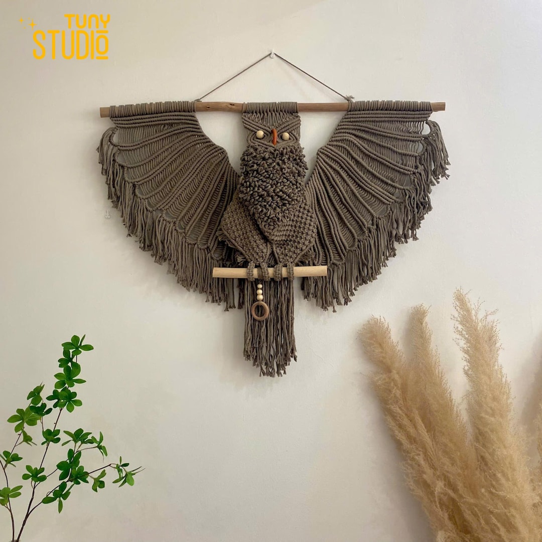 Vintage Large Hand Made Macramé Owl Wall Hanging, Large Wall Art ...