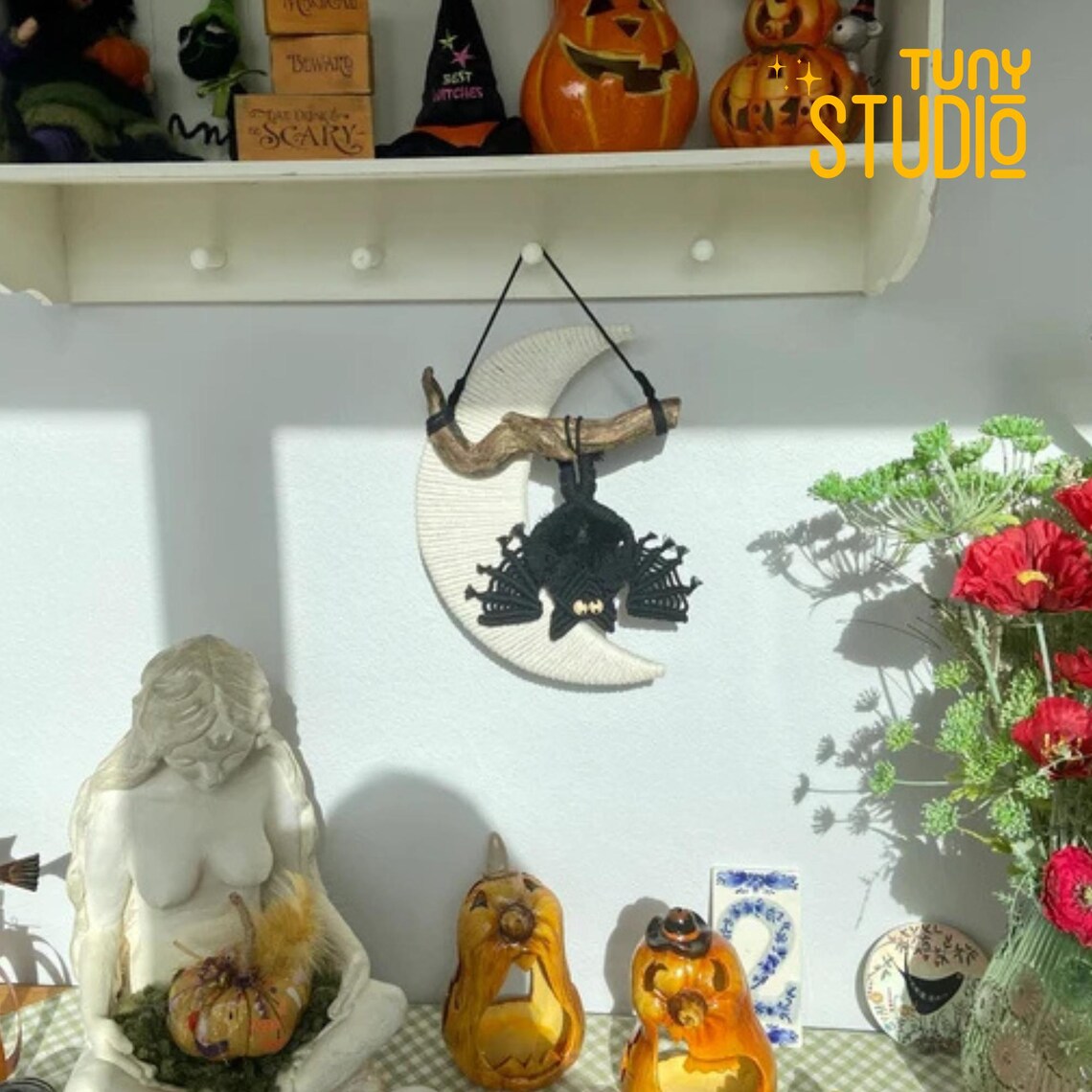 Spooky Bat and Moon Macrame Wall Hanging, Cute Hanging Bat Macrame With ...