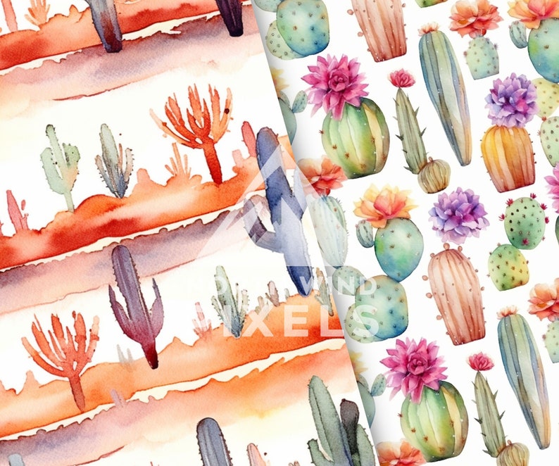 12 Watercolor Cactus Digital Papers, Seamless Patterns, 12x12, JPG ...