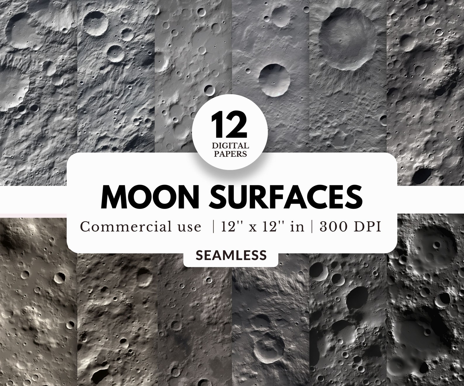 12 Moon Surface Digital Papers, Seamless Repeating Textures, 12x12 ...