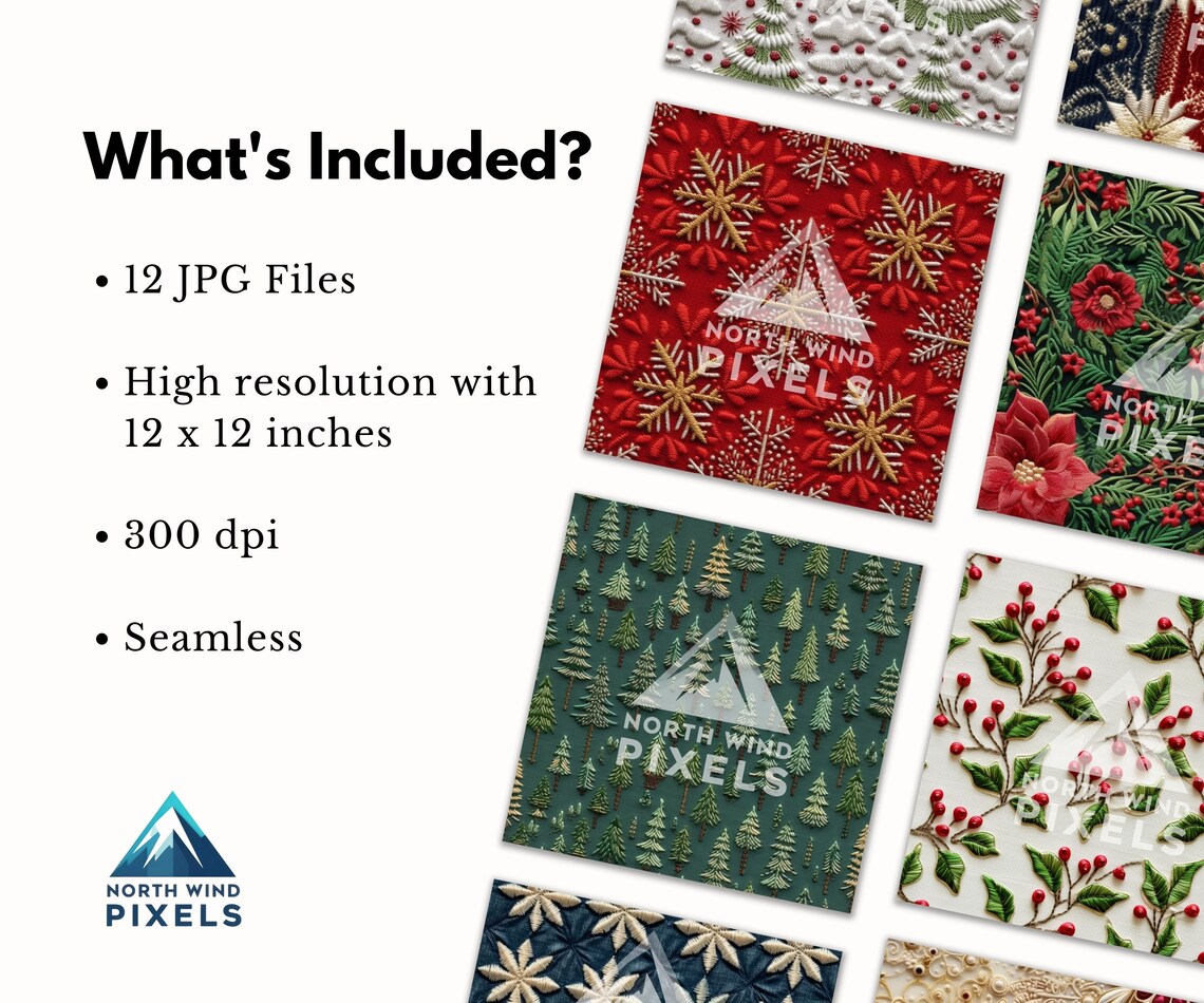 12 Christmas Embroidery Digital Papers, Seamless Pattern, 12x12, JPG ...