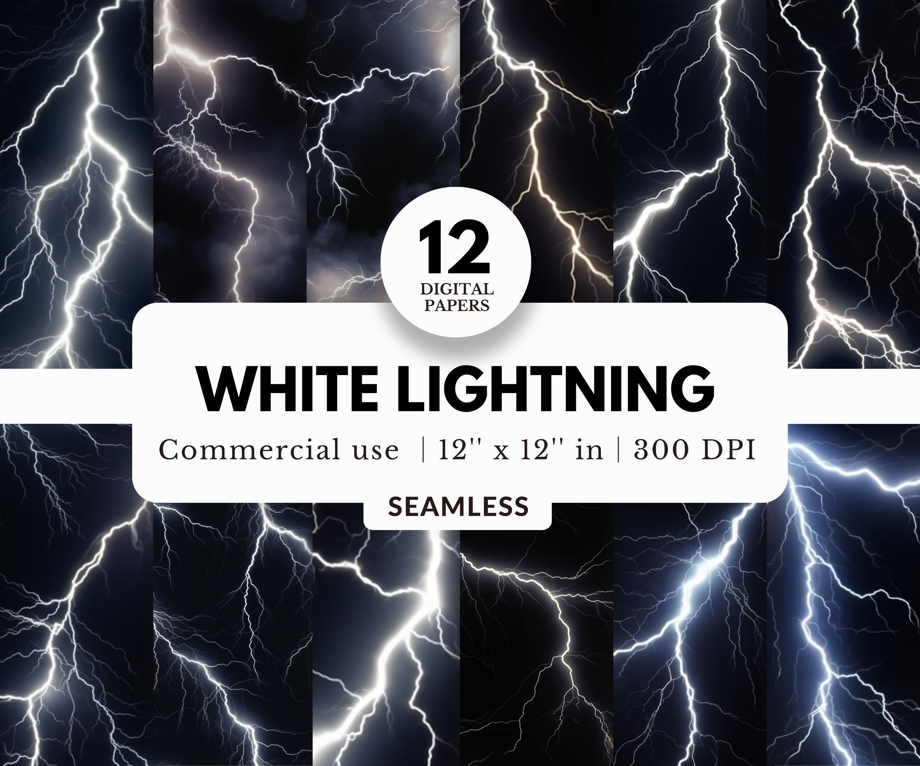 12 White Lightning Digital Papers, Seamless Pattern, 12x12, JPG ...