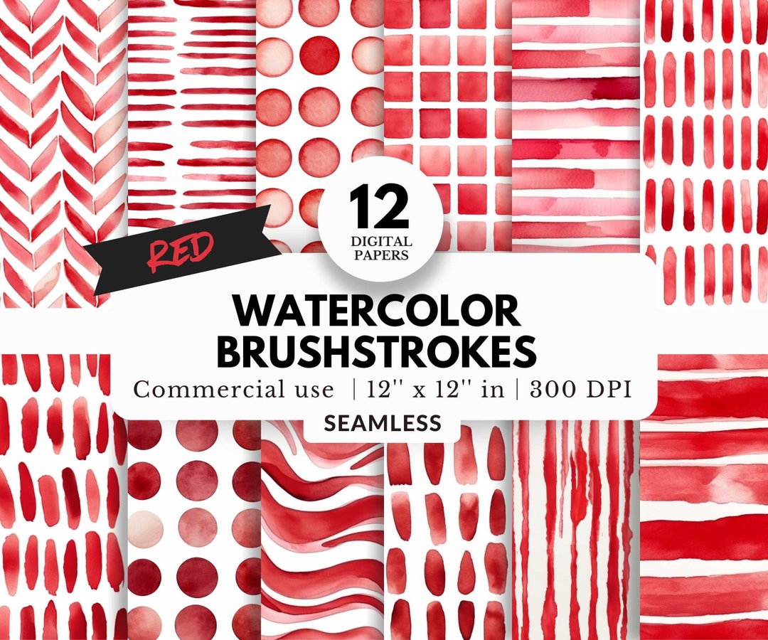 12 Red Watercolor Brushstrokes Digital Papers, Seamless Patterns, 12x12 ...