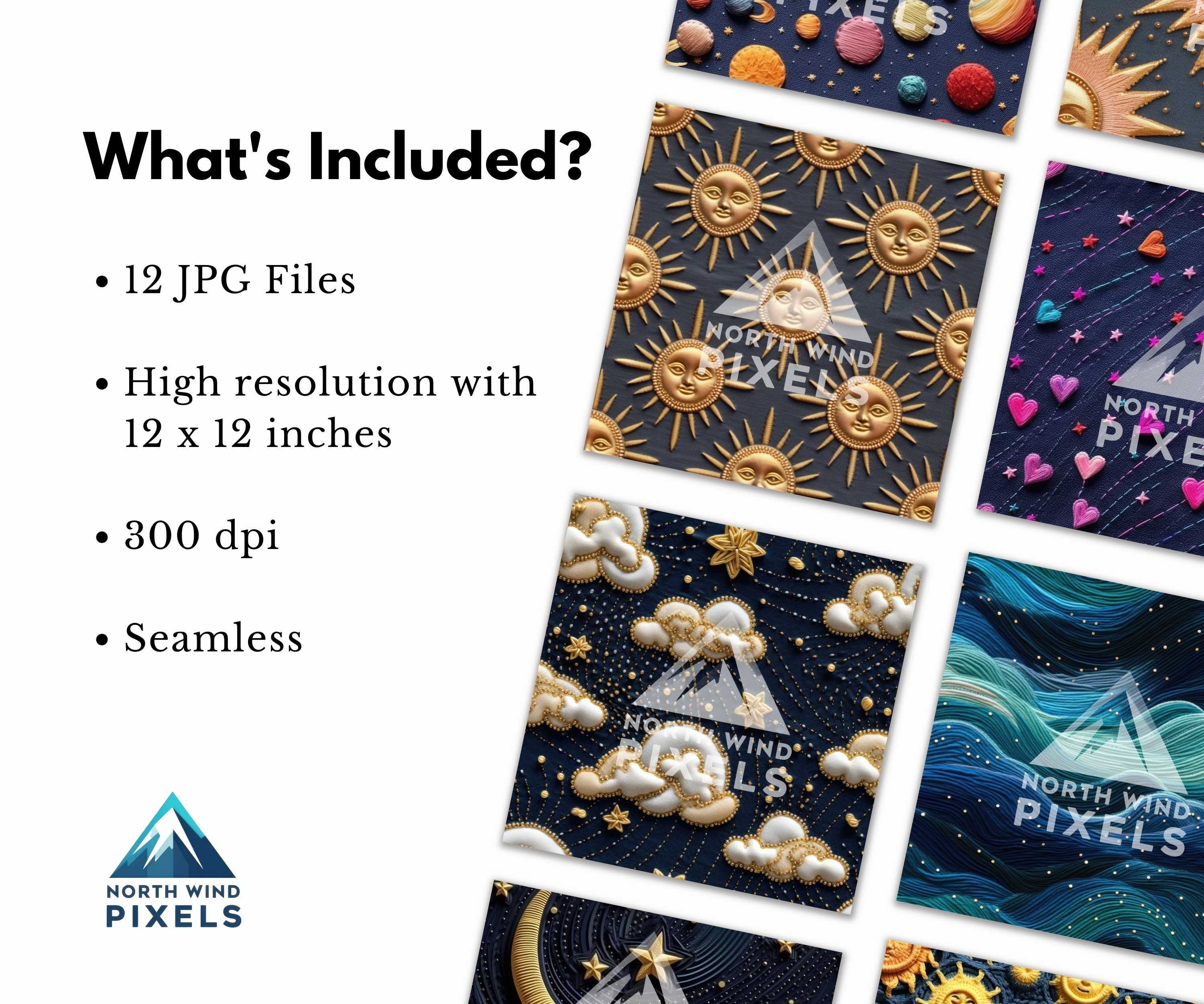 12 Celestial Embroidery Digital Papers, Seamless Patterns, 12x12, JPG ...