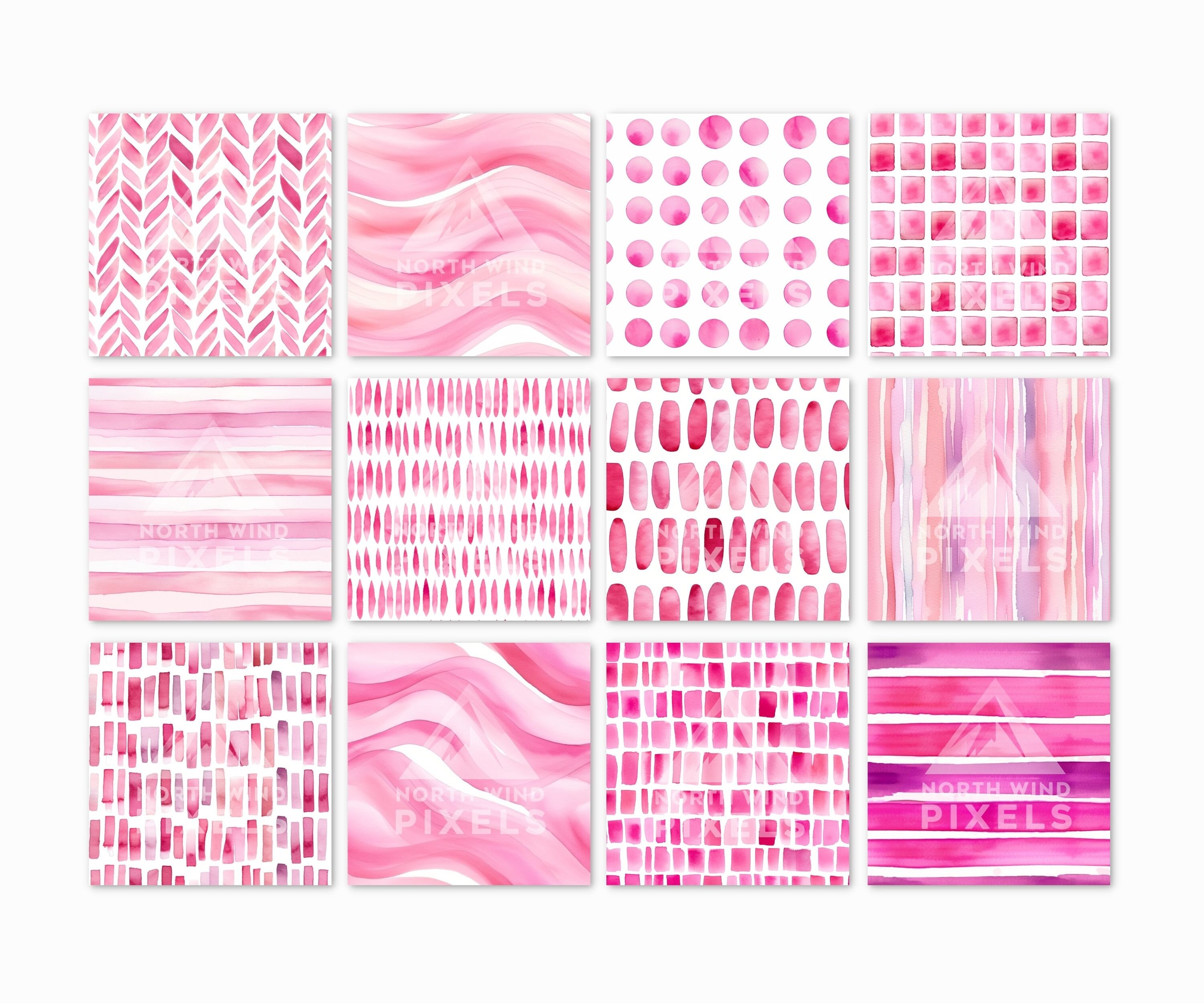 12 Pink Watercolor Brushstrokes Digital Papers, Seamless Patterns ...