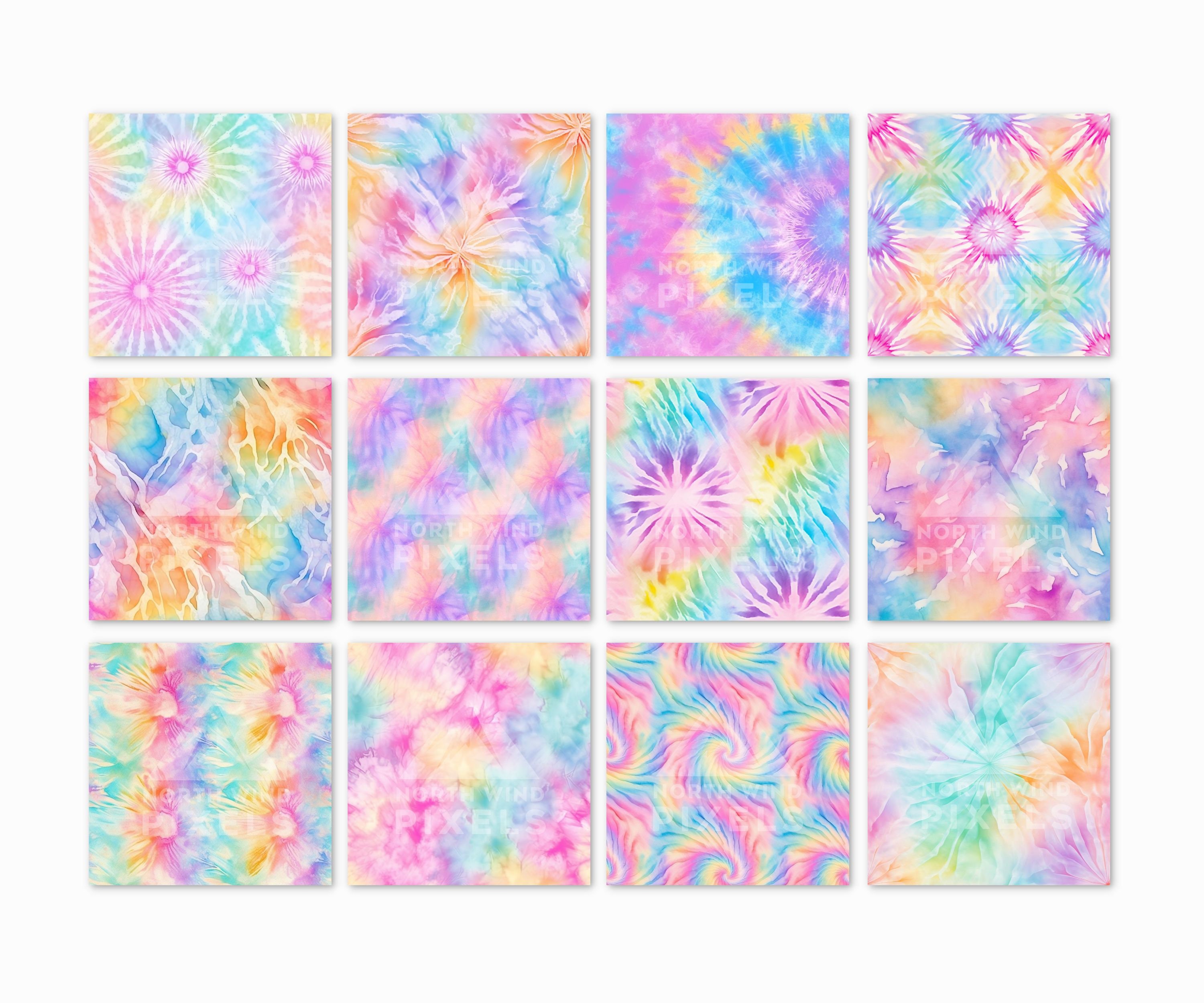 12 Pastel Tie Dye Digital Paper Bundle, Seamless Texture, 12x12 ...