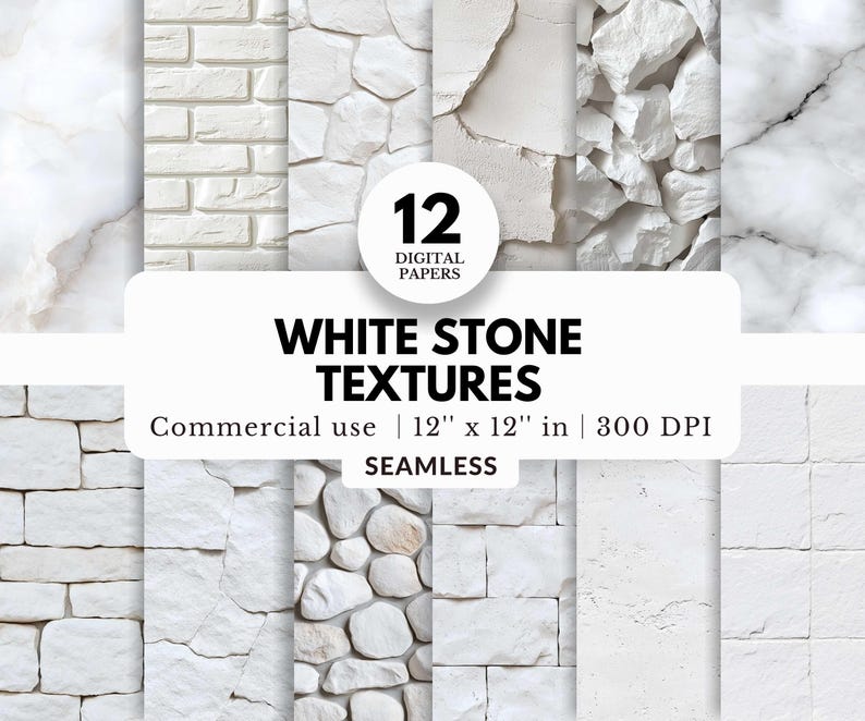 12 White Stone Textures Digital Paper Pack, Seamless Patterns, 12x12 ...