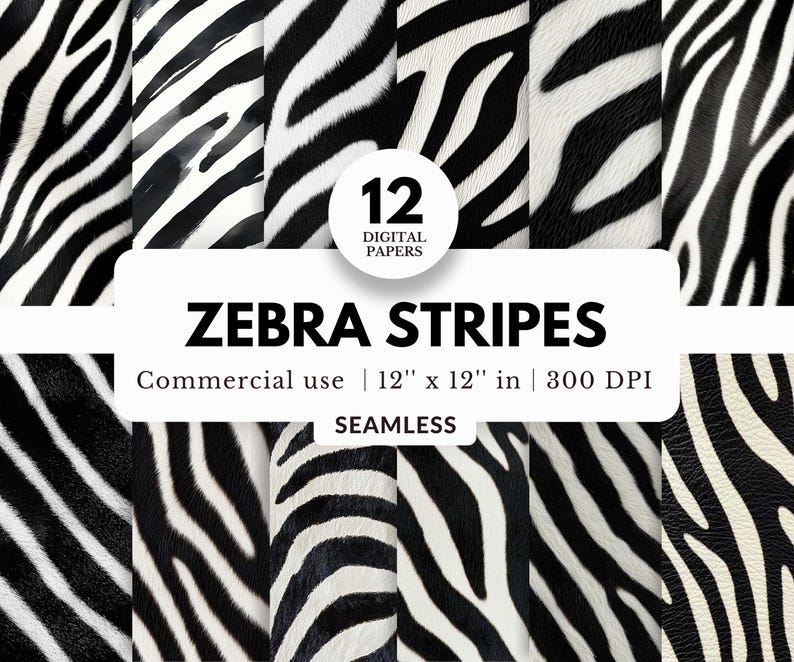 12 Zebra Stripes Digital Paper Bundle, Seamless Patterns, 12x12, JPG ...
