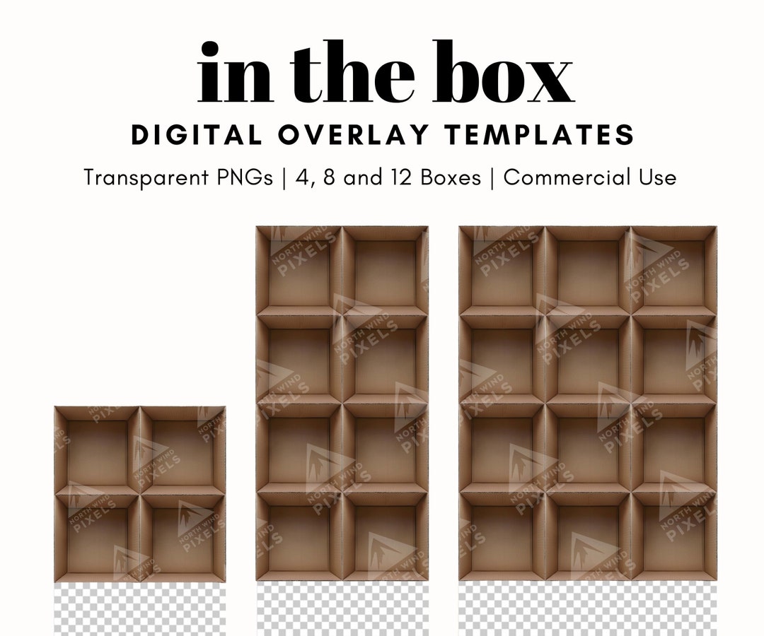 3 Digital Templates With Empty Cardboard Box, PNG, 4, 8 and 12 Box Grid ...