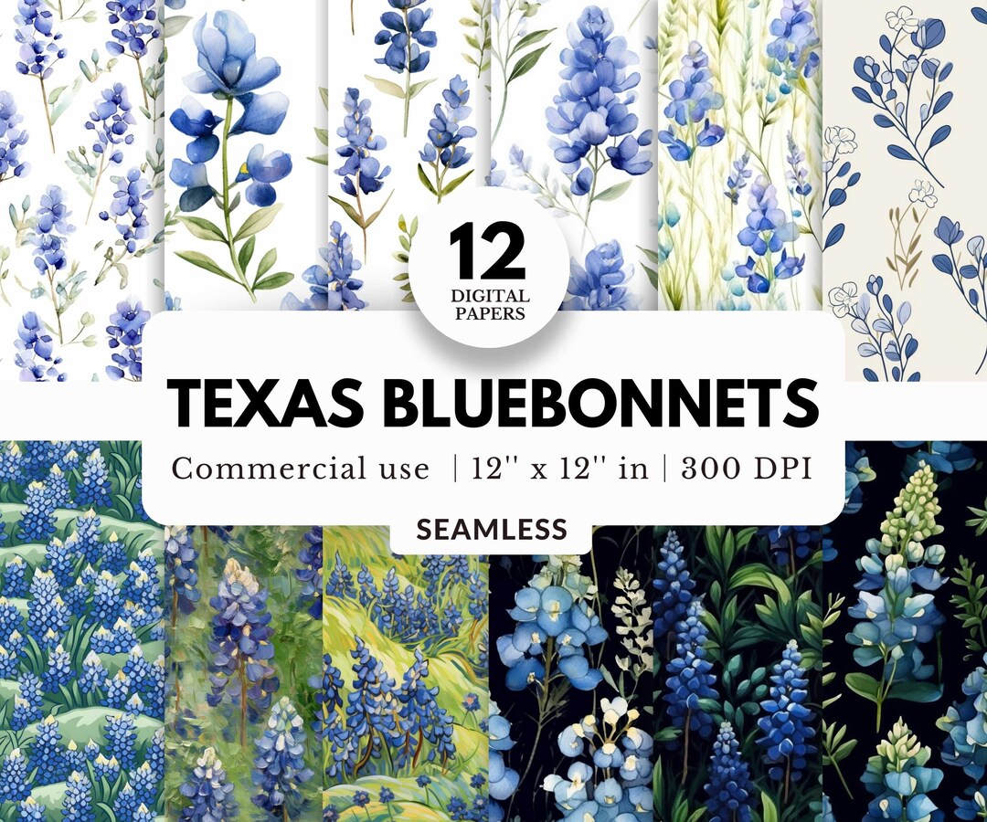 12 Texas Bluebonnet Flowers Digital Papers, Seamless Patterns, 12x12 ...