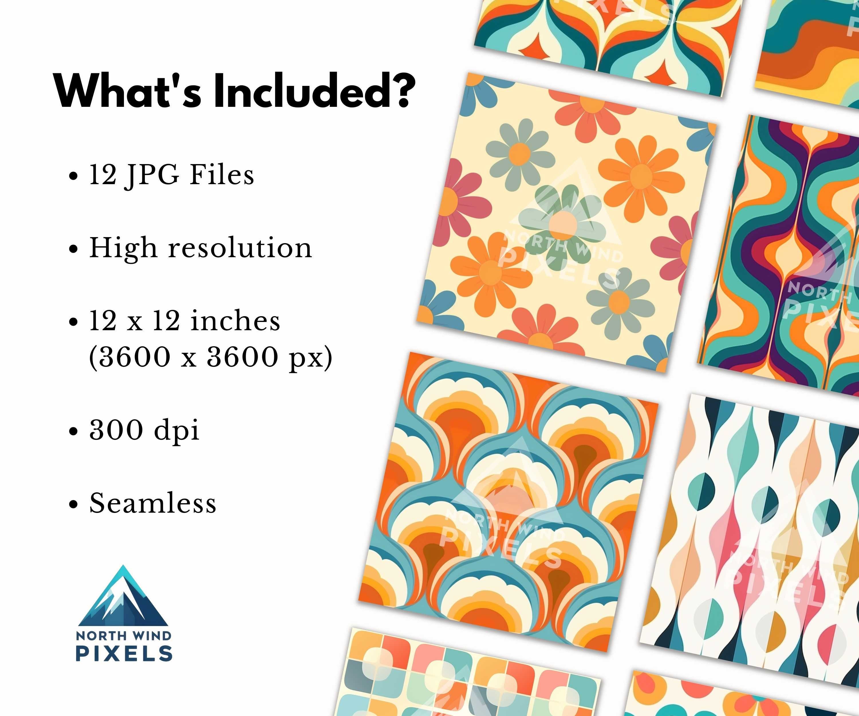 12 Groovy Vibes Digital Papers, Seamless Patterns, 12x12, JPG Download ...