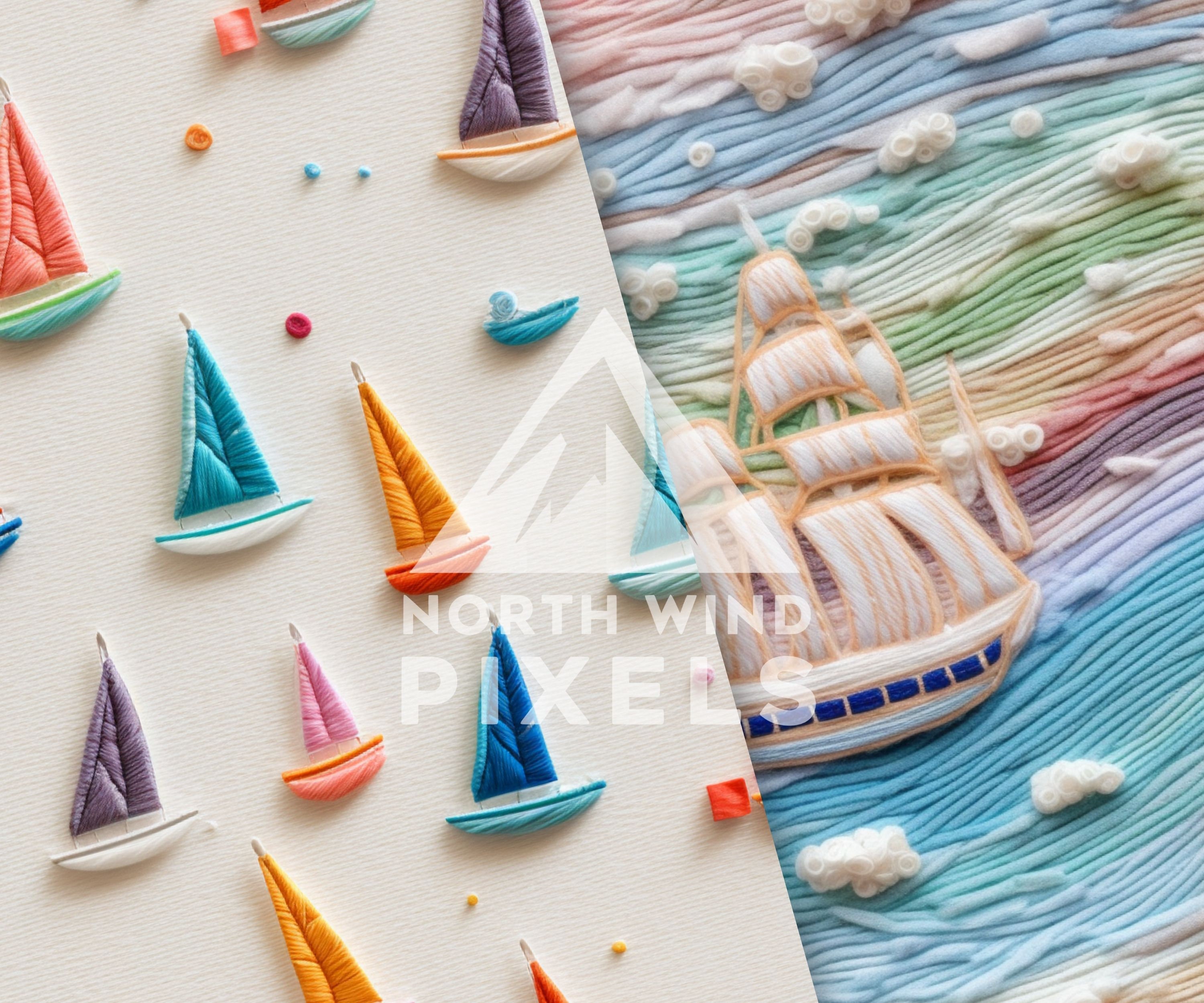 12 Embroidered Sailboats Digital Papers, Seamless Patterns, 12x12, JPG ...