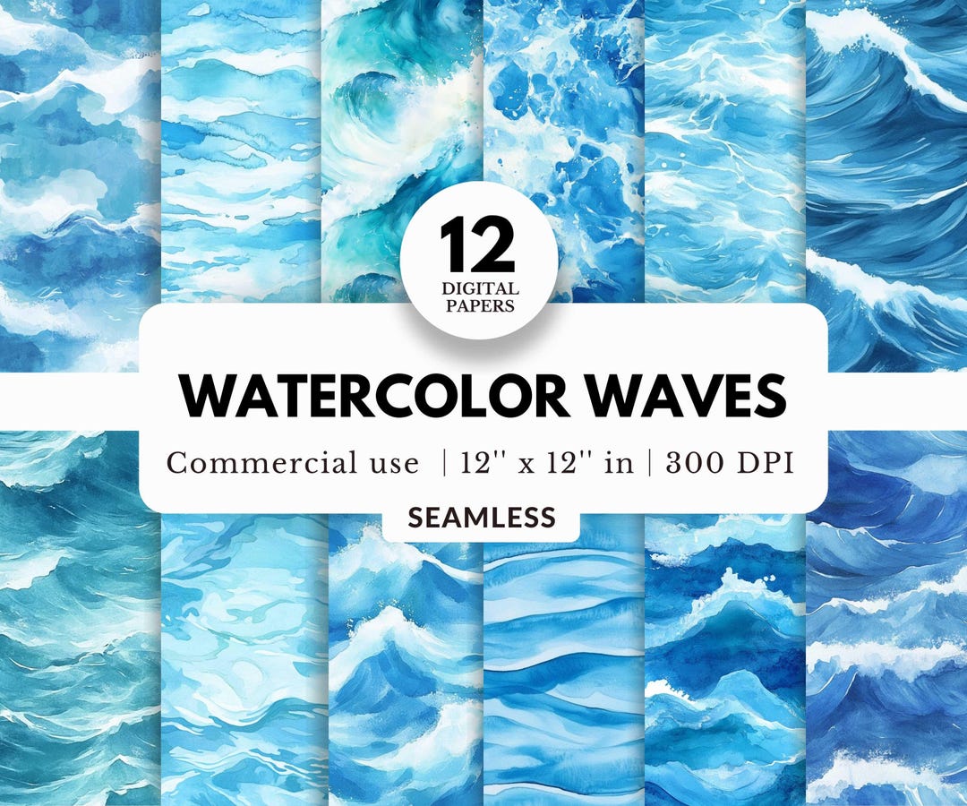 12 Blue Watercolor Waves Digital Paper Bundle, Seamless Patterns, 12x12 ...