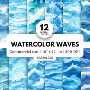 12 Blue Watercolor Waves Digital Paper Bundle, Seamless Patterns, 12x12 ...