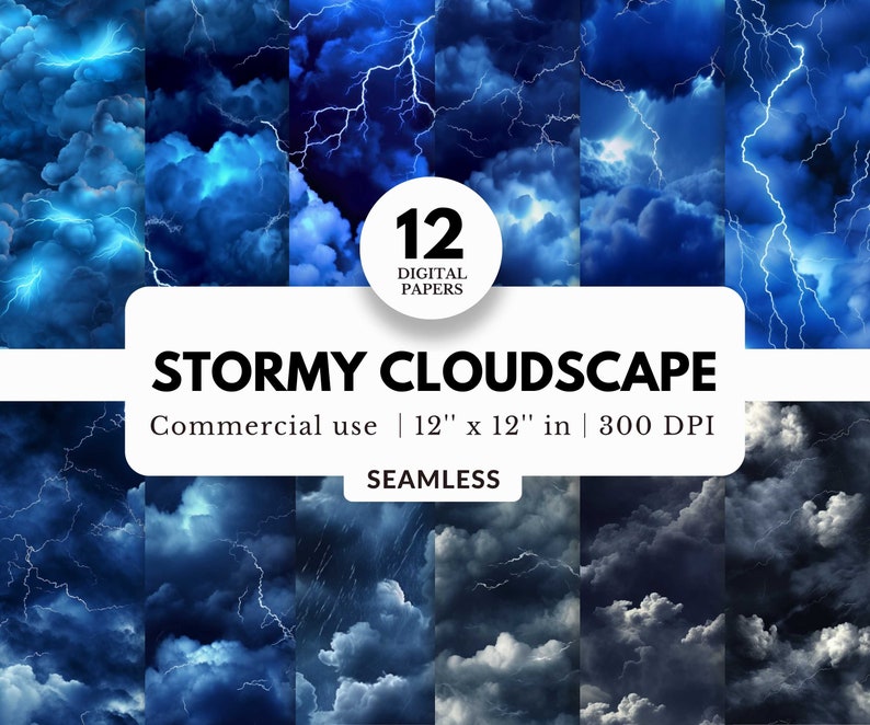 12 Stormy Cloudscape Digital Papers, Seamless Patterns, 12x12, JPG ...