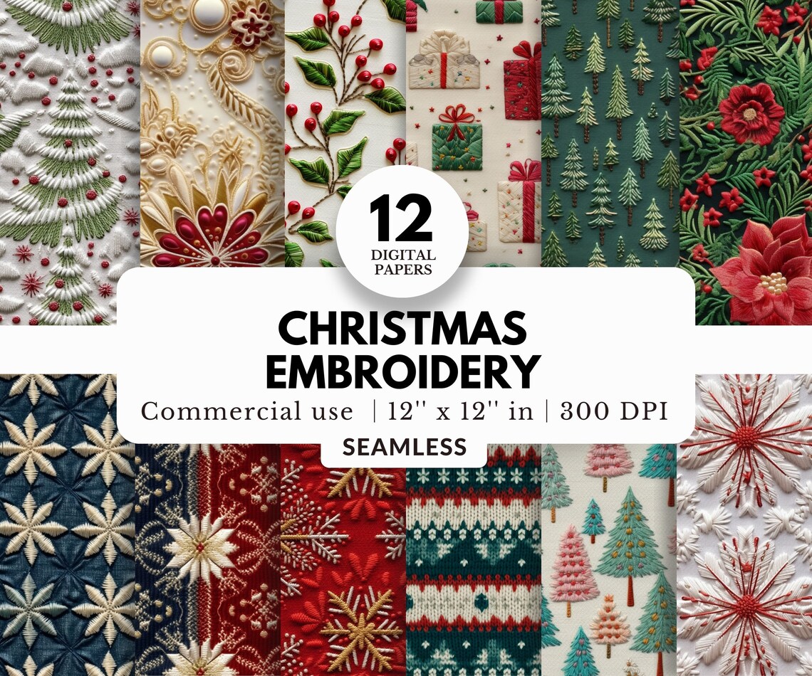 12 Christmas Embroidery Digital Papers, Seamless Pattern, 12x12, JPG ...