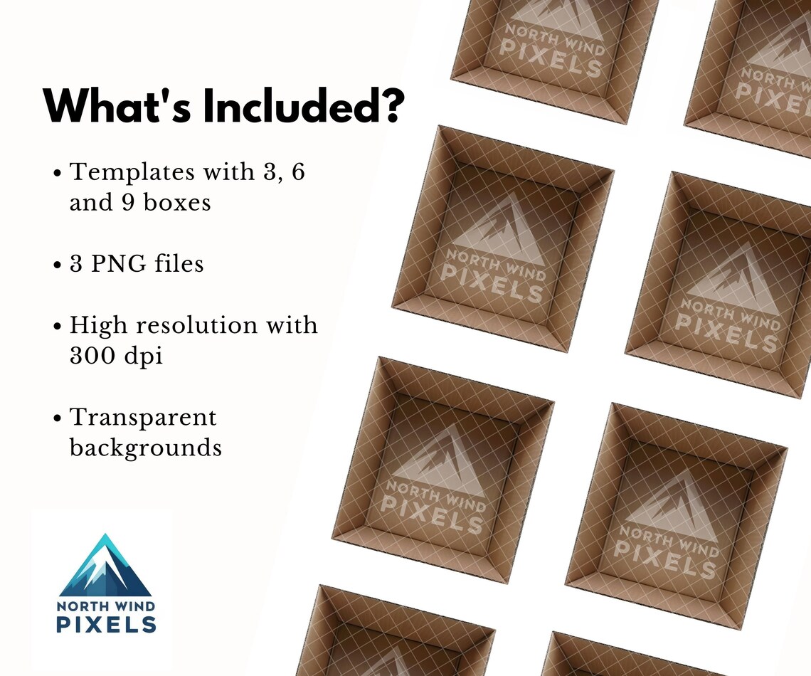 3 Digital Templates With Empty Cardboard Box, PNG, 3, 6 and 9 Box Grids ...