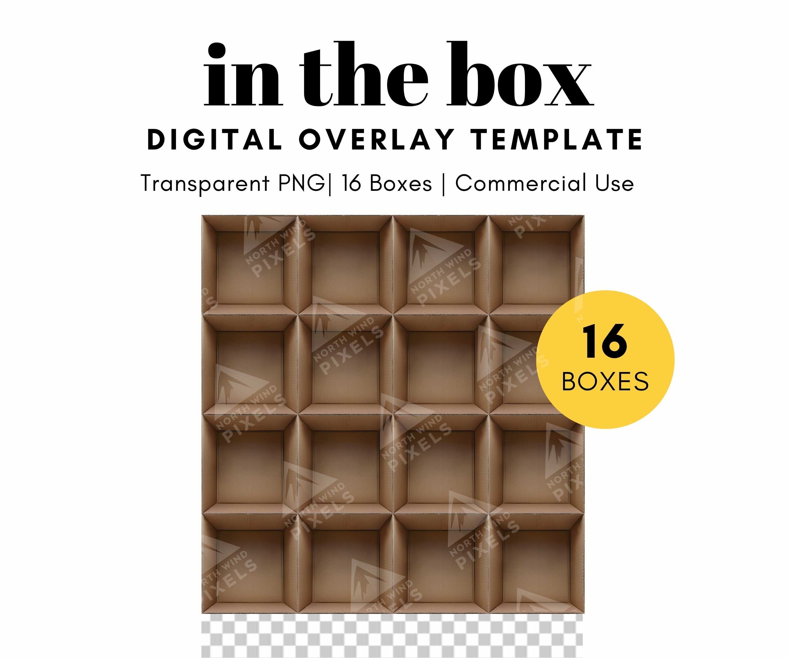 16 Empty Cardboard Box Digital Template, PNG, 4 by 4 Grid, Transparent ...