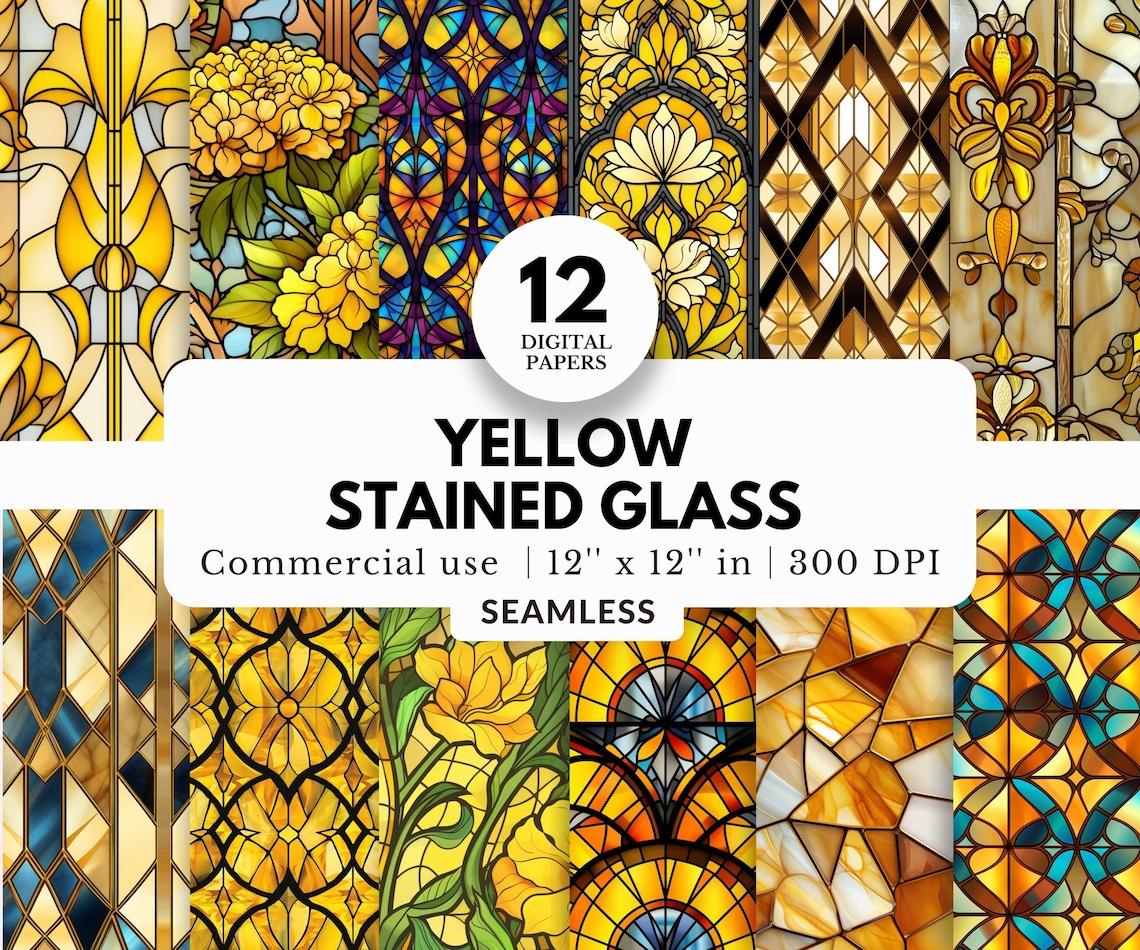 12 Yellow Stained Glass Digital Papers, Repeating Pattern, JPG Downlaod ...