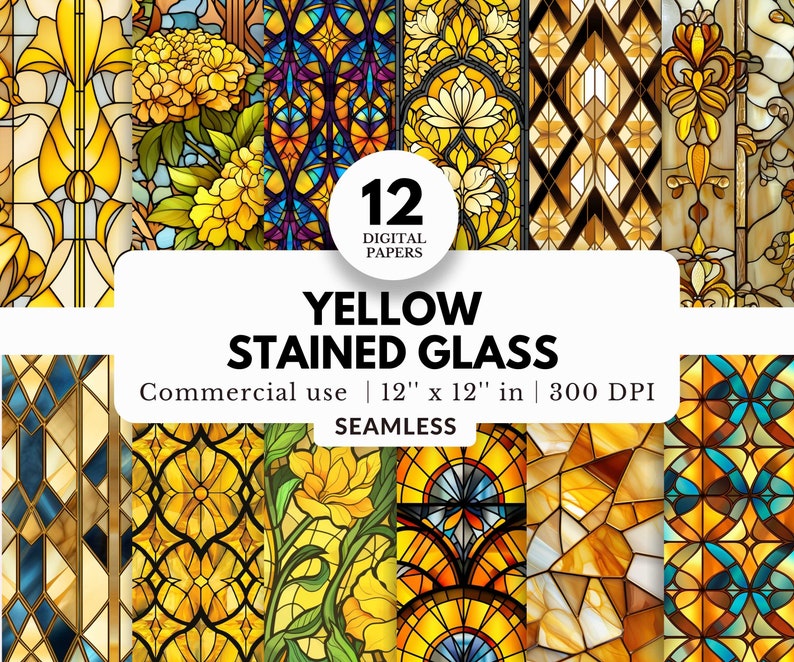12 Yellow Stained Glass Digital Papers, Repeating Pattern, JPG Downlaod ...