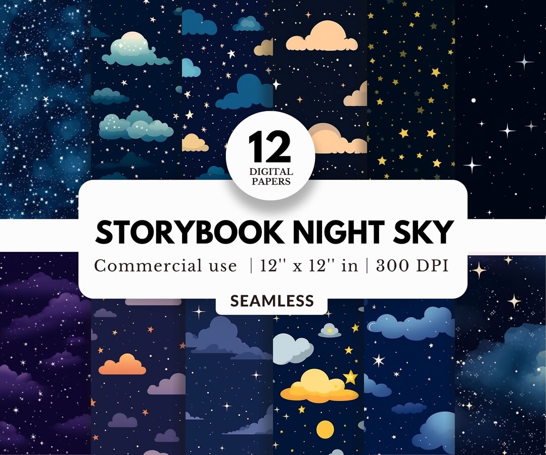 12 Storybook Night Sky Digital Papers, Seamless Patterns, 12x12 ...