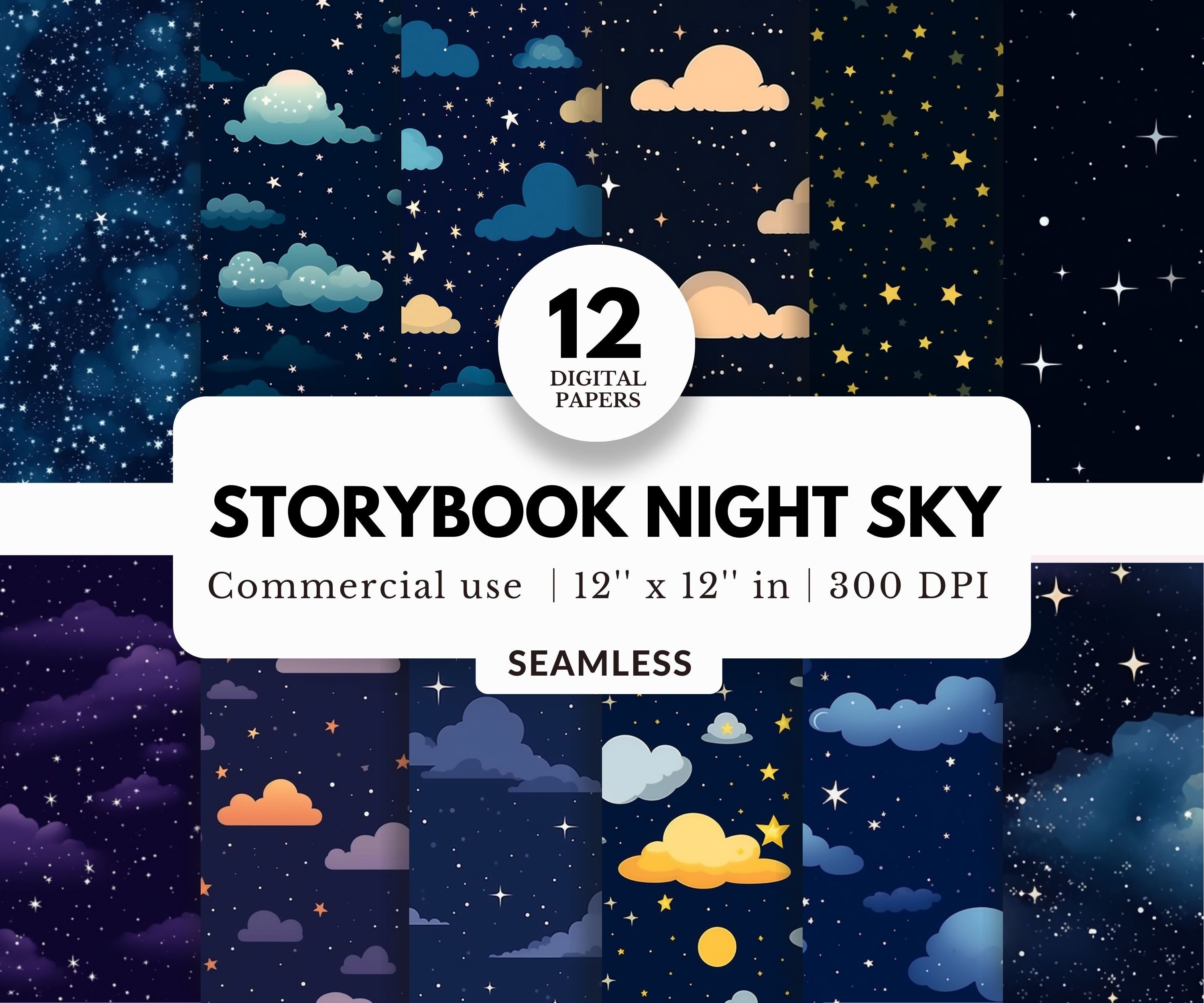 12 Storybook Night Sky Digital Papers, Seamless Patterns, 12x12 ...