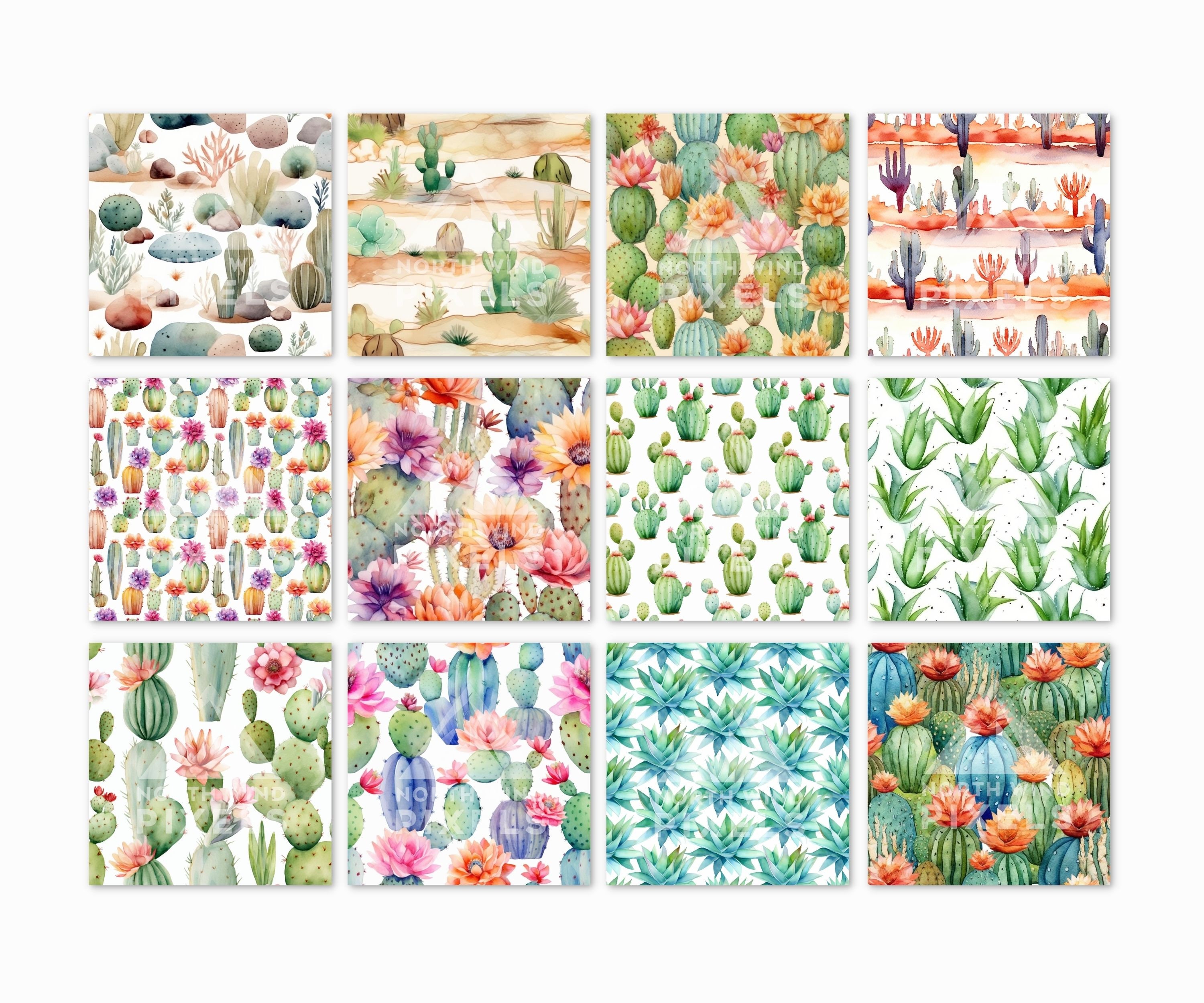 12 Watercolor Cactus Digital Papers, Seamless Patterns, 12x12, JPG ...