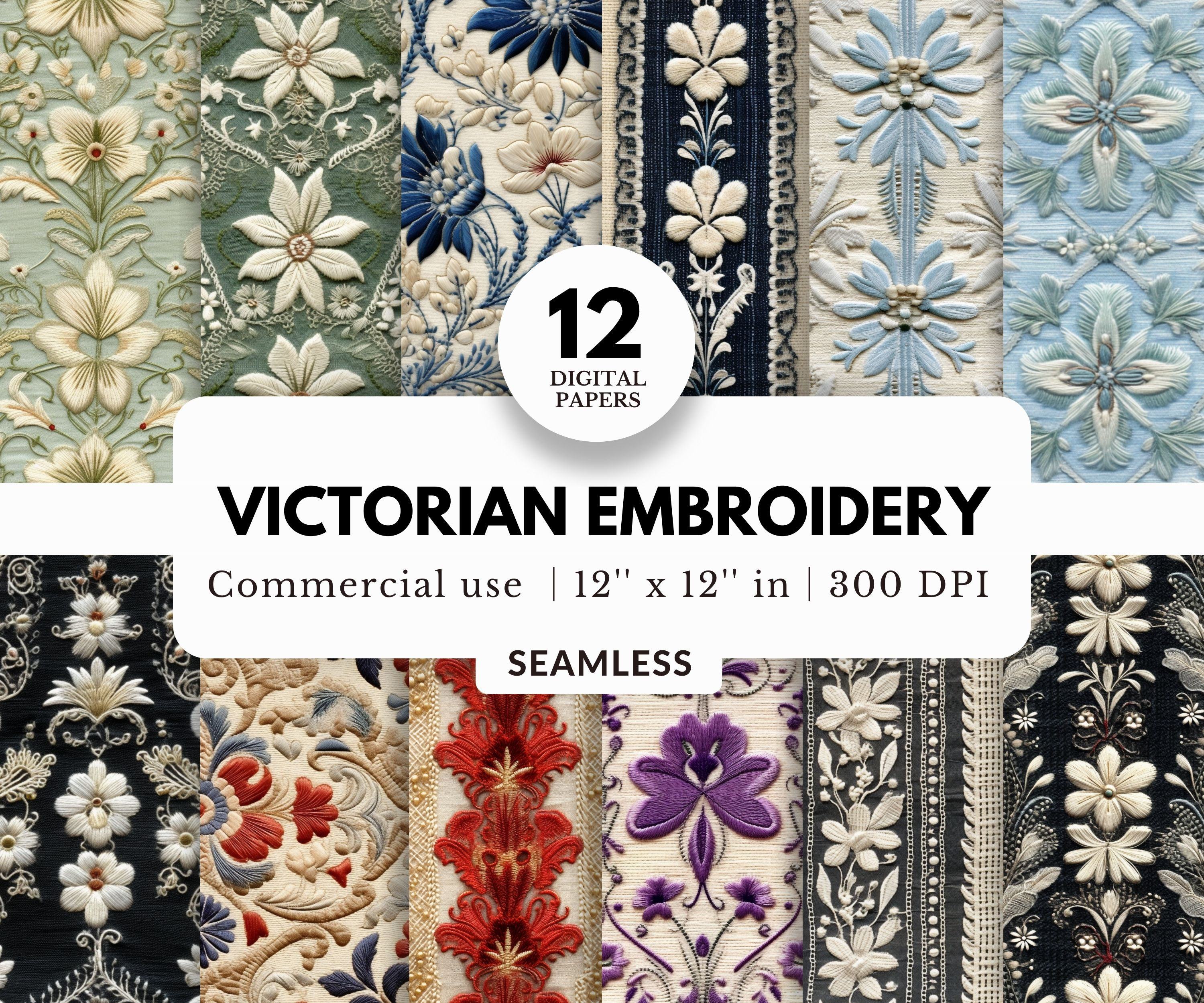 12 Victorian Embroidery Digital Papers, Seamless Pattern, 12x12, JPG ...