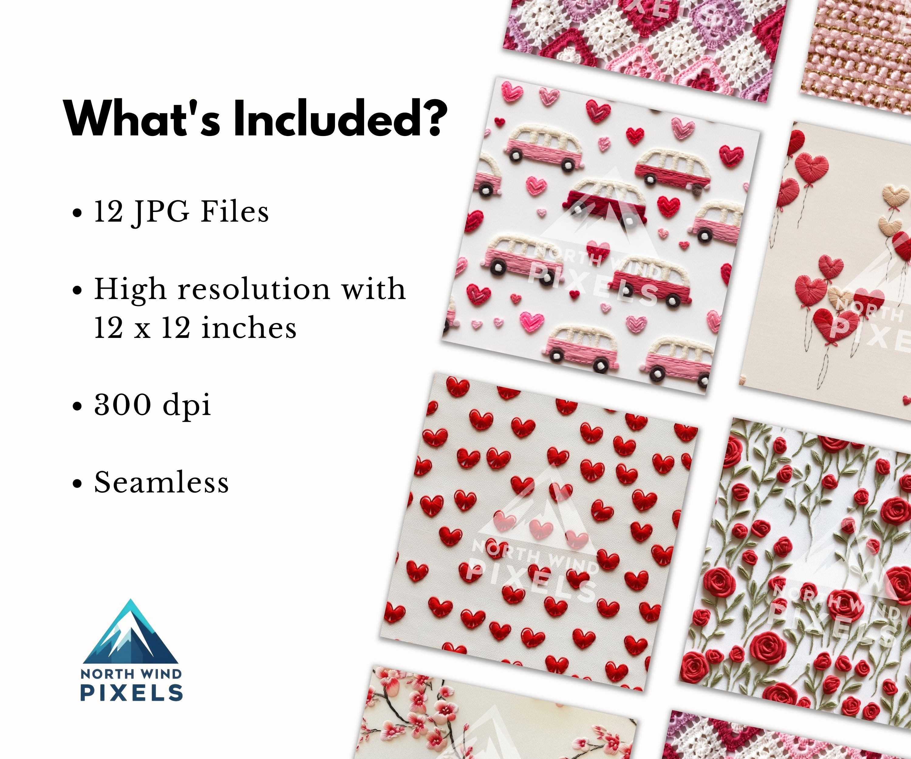 12 Heartfelt Embroidery Digital Papers, Seamless Pattern, 12x12, JPG ...