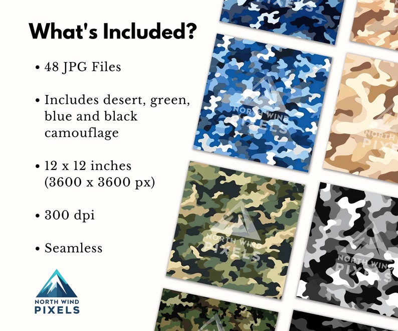 48 Camouflage Bundle Digital Papers, Seamless Patterns, 12x12, JPG ...