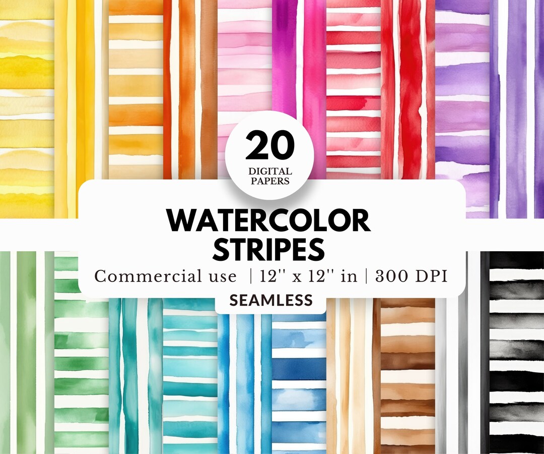 20 Watercolor Stripes Digital Papers, Seamless Patterns, 12x12, JPG ...