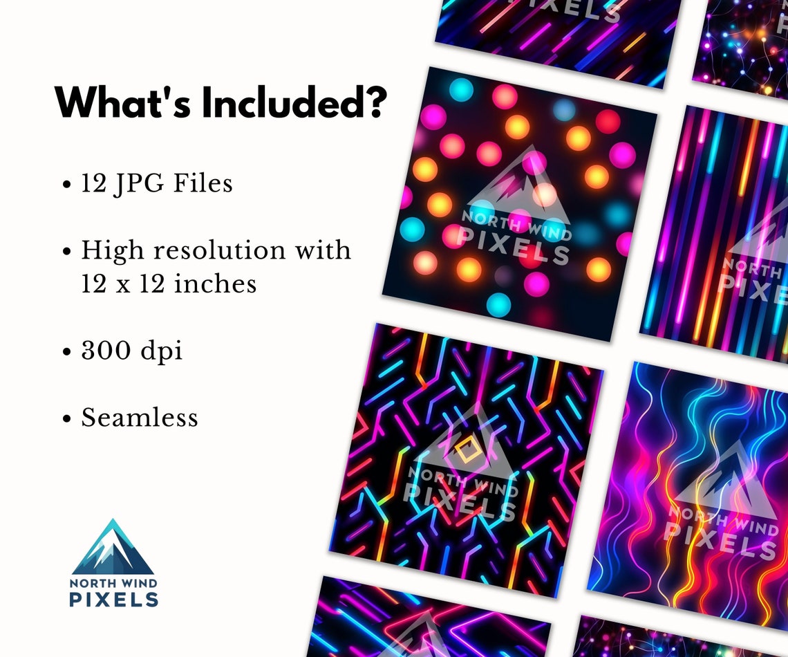 12 Neon Glow Digital Papers, Seamless Pattern, 12x12, JPG Files, Bright ...