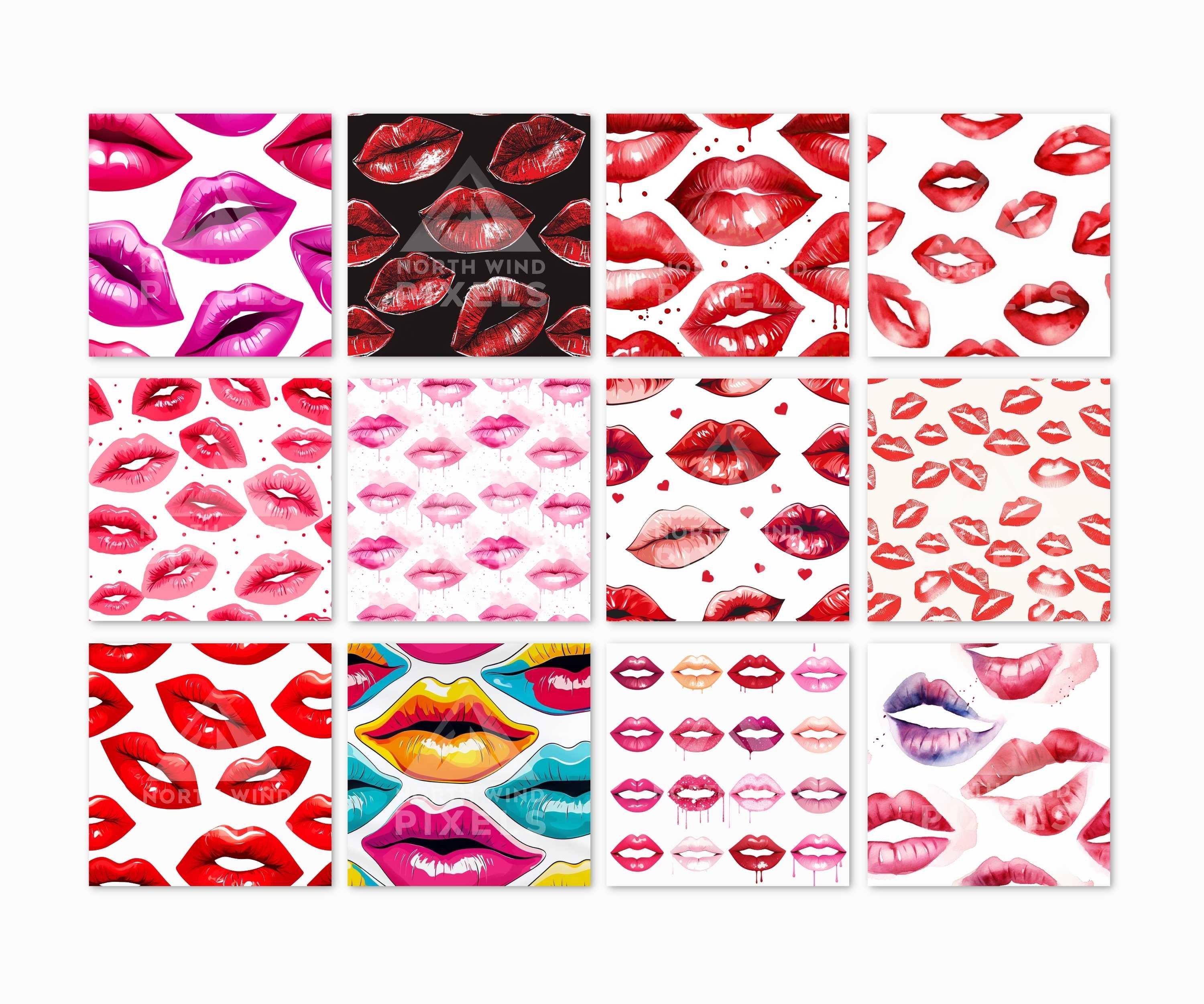 12 Kiss My Lips Digital Papers, Seamless Patterns, 12x12, Tileable ...