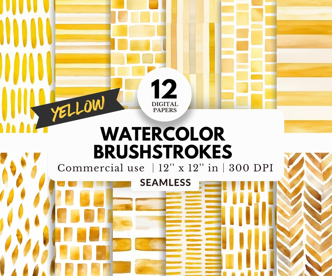 12 Yellow Watercolor Brushstrokes Digital Papers, Seamless Patterns ...