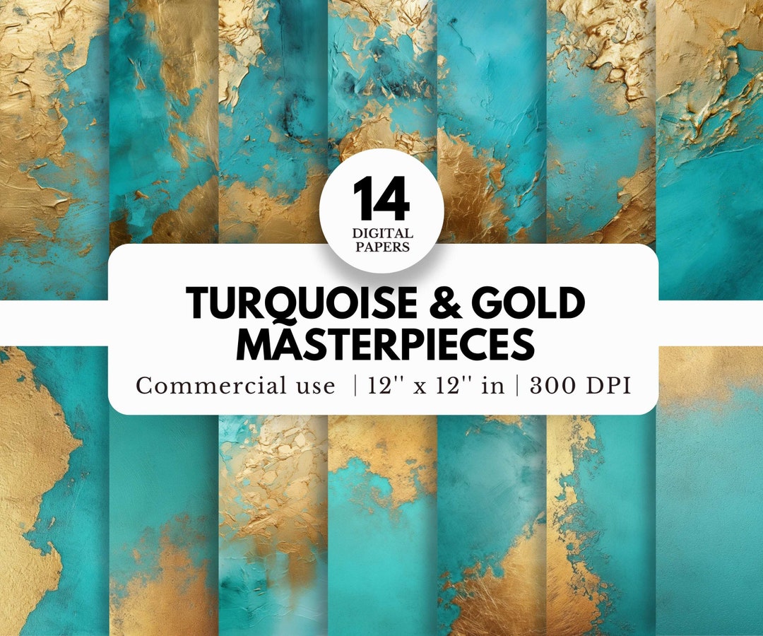 14 Turquoise and Gold Masterpieces Digital Papers, 12x12, Thick Oil ...