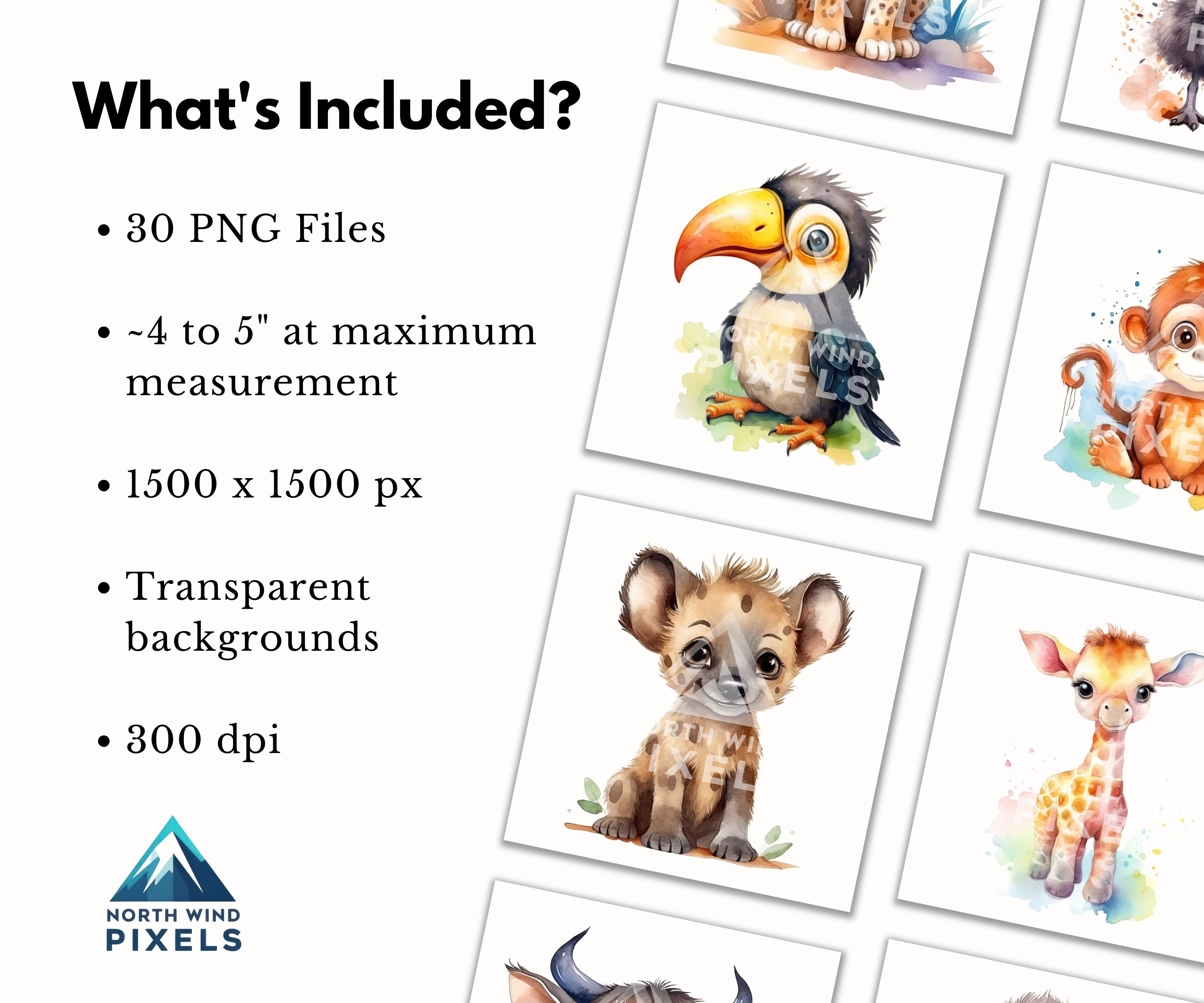 30 Watercolor Baby Safari Animals Clipart, PNG, Transparent Background ...