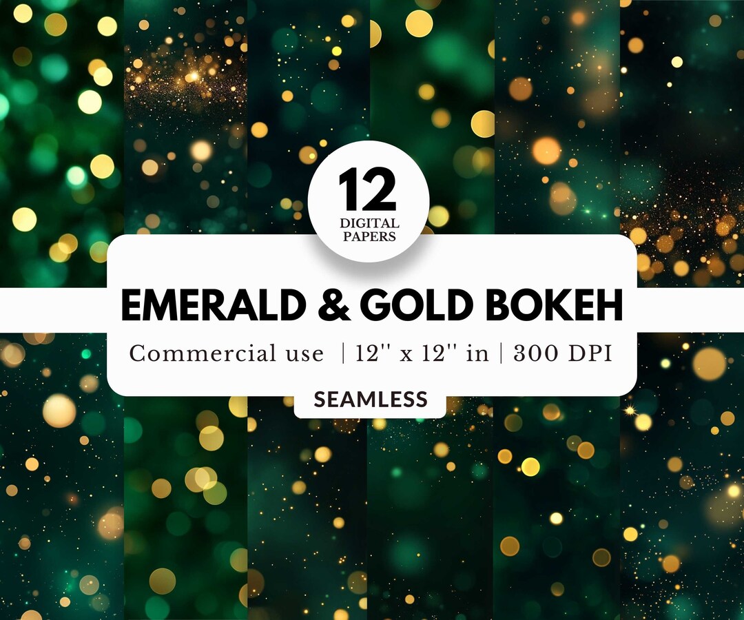 12 Emerald Green and Gold Bokeh Digital Papers, Seamless Patterns ...