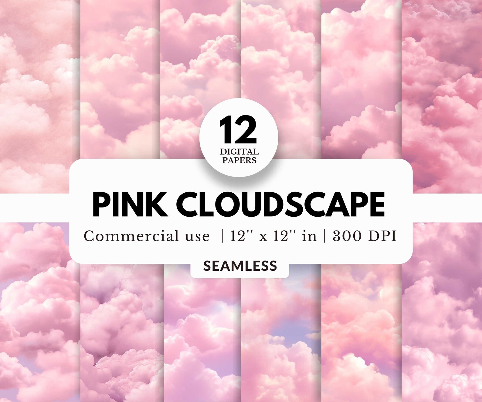12 Pink Cloudscape Digital Papers, Seamless Patterns, 12x12, JPG ...
