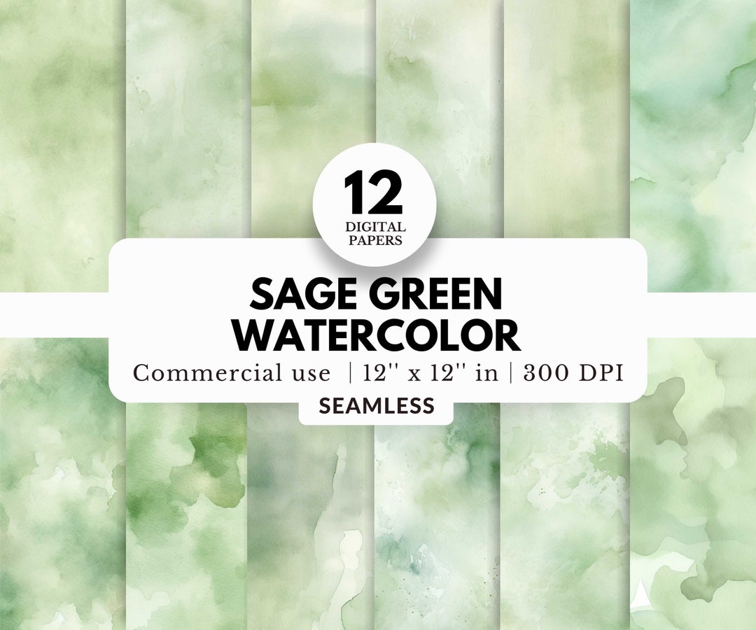 12 Sage Green Watercolor Digital Paper Bundle, Seamless Patterns, 12x12 ...
