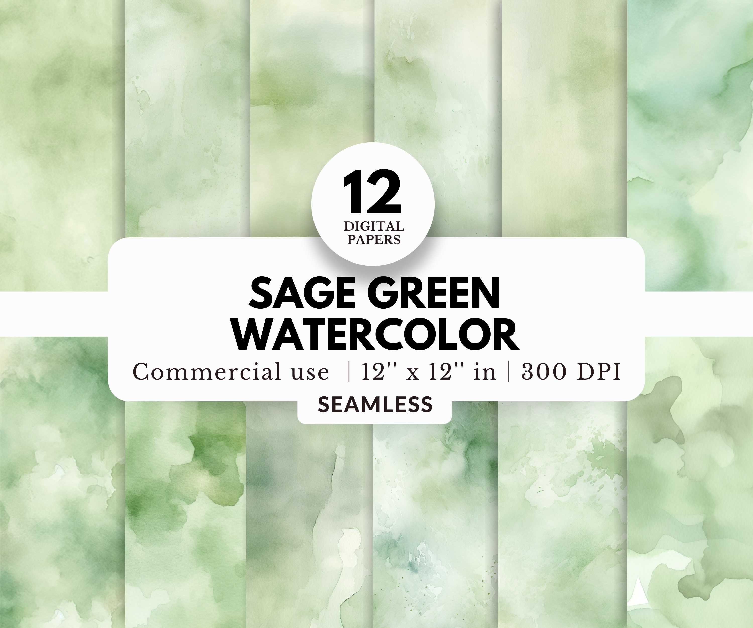 12 Sage Green Watercolor Digital Paper Bundle, Seamless Patterns, 12x12 ...